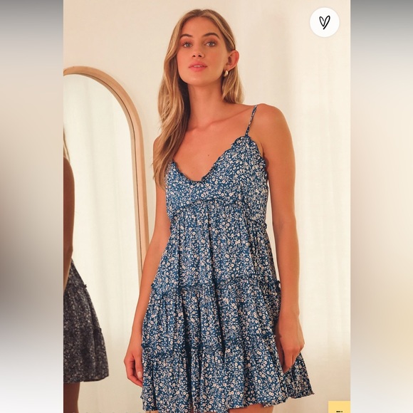Lulus | Dresses | Lulus Stay Breezy Blue Floral Print Ruffled Babydoll ...